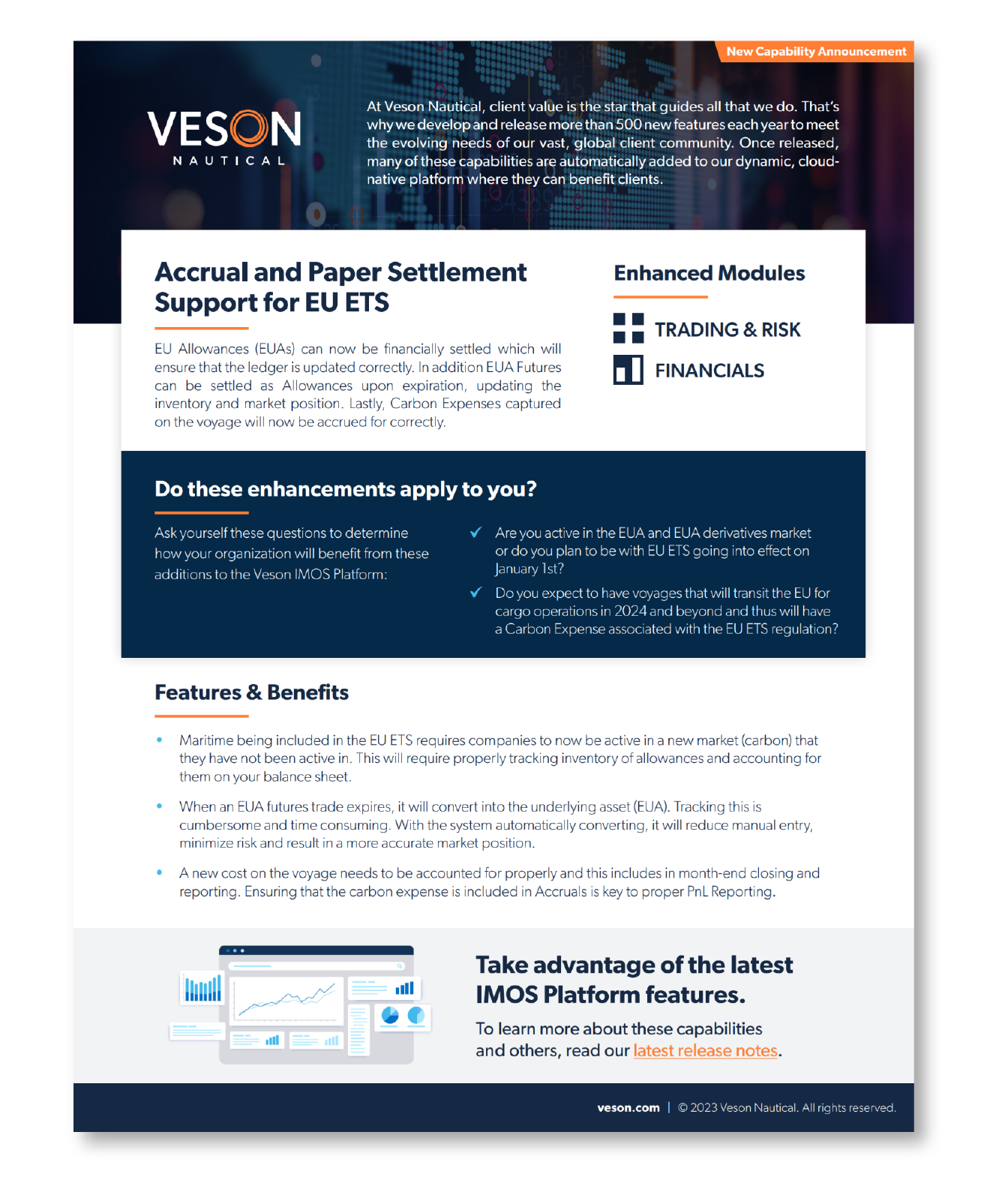 IMOS EU ETS Settlement Support Capability Spotlight - Veson Nautical IMOS EU ETS Settlement Support Capability Spotlight - Veson Nautical